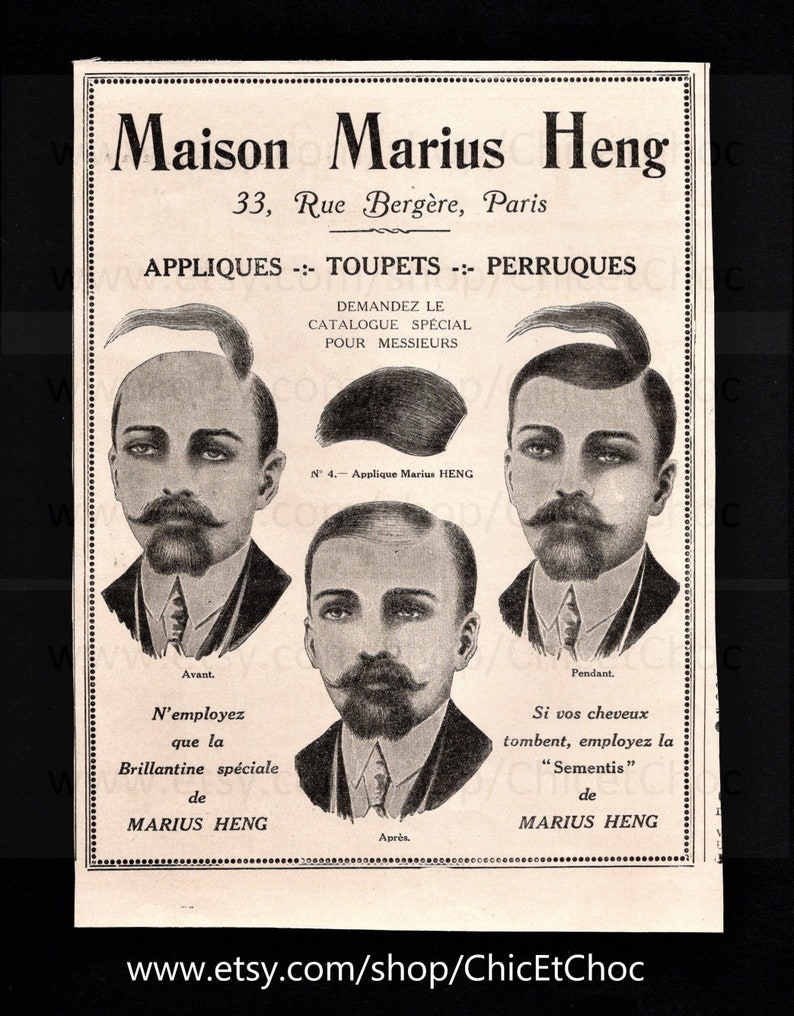 French Antique Paper Advertisement - Marius Heng Wigs & Toupées for Men ...