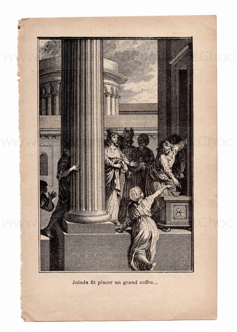 French Antique Religious Image Book Page - Priest Jehoiada Places a ...