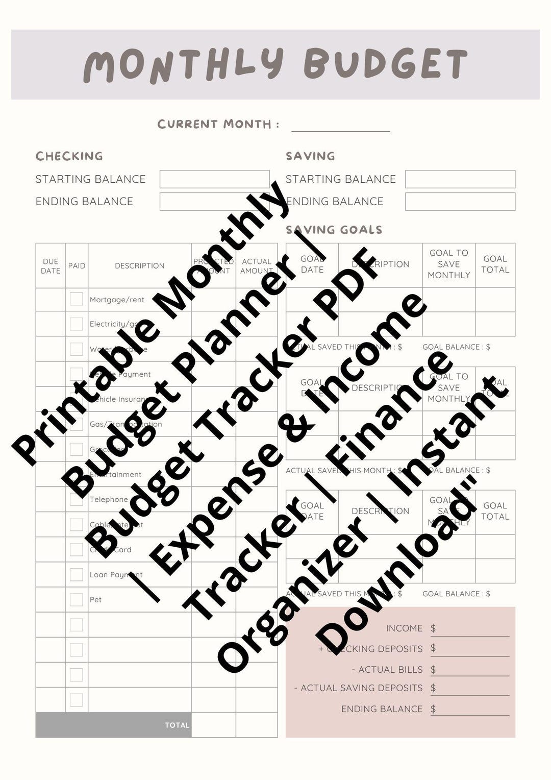 Printable Monthly Budget Planner | Budget Tracker PDF | Expense ...