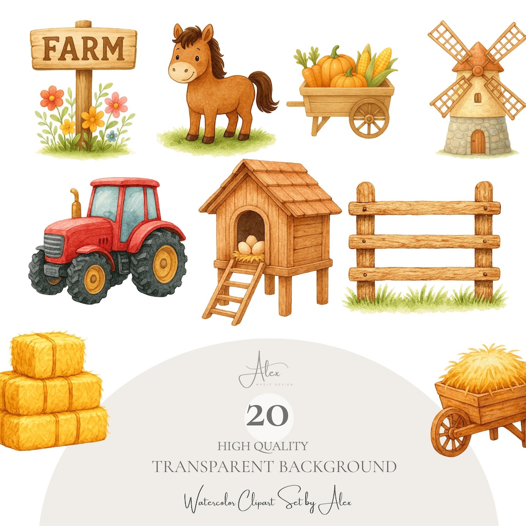 Farm Clipart Set, Cute Farm Animals and Tractor PNG, Harvest and Barn ...