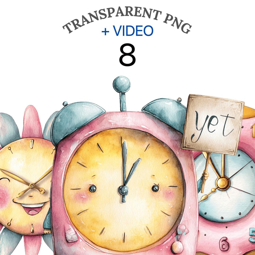 8 Quirky Clock Clipart PNG, Funny Cartoon Clock Bundle, Cute Retro ...