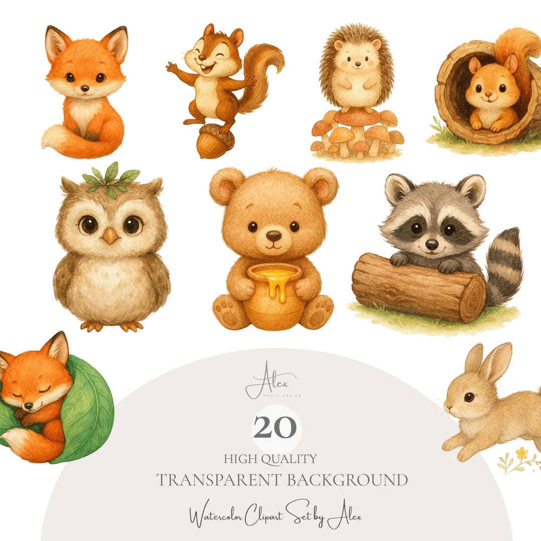 Woodland Animal Clipart Set, Cute Forest Animals PNG, Fox Bear Raccoon ...