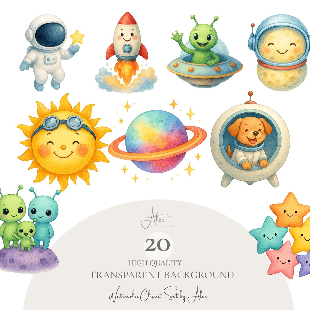 Space Clipart Bundle, Cute Astronauts, Rockets, Planets, Aliens PNG ...