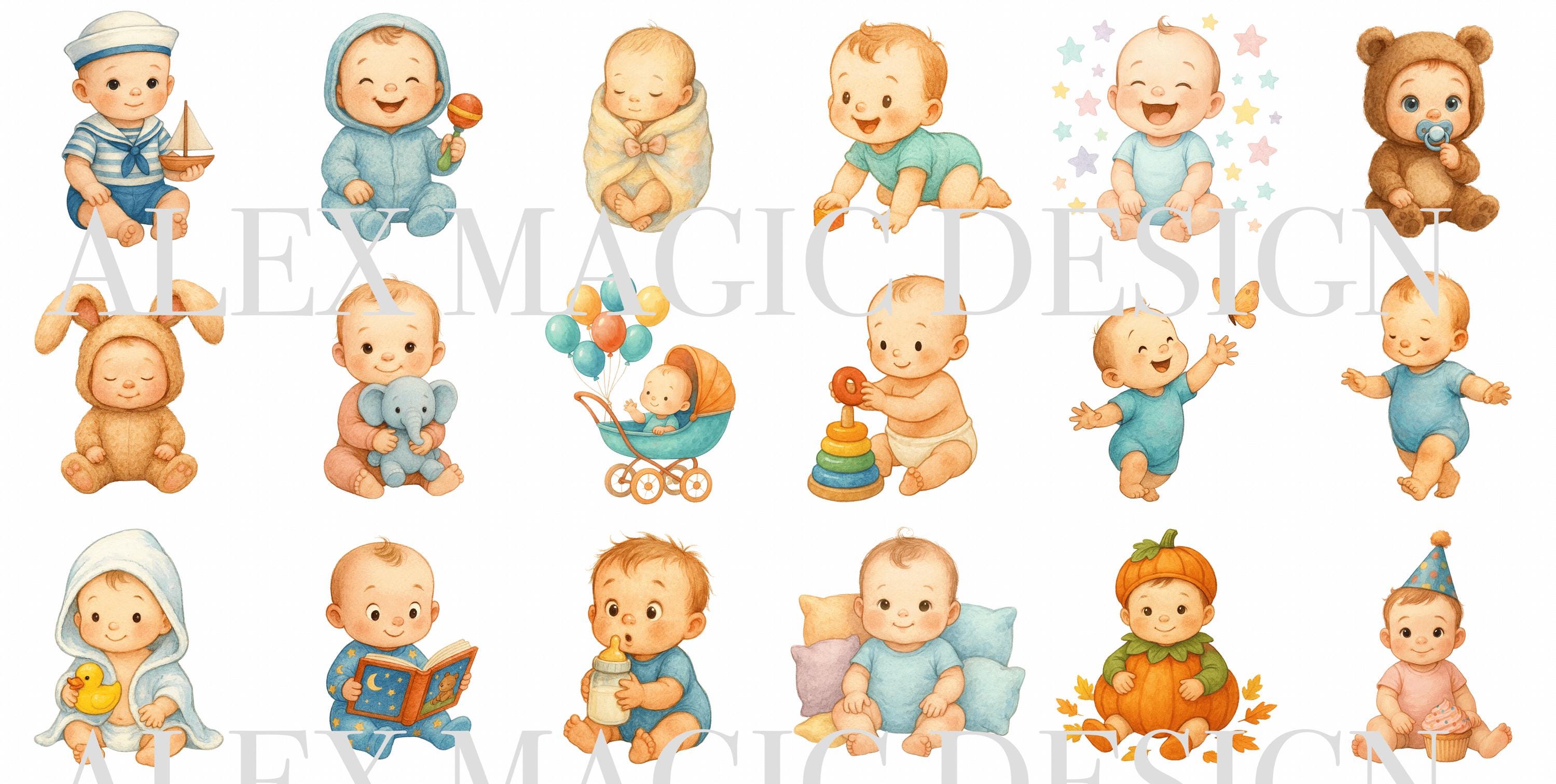 Baby Clipart Set, Cute Baby Boy Clipart PNG, Baby Shower Clipart ...