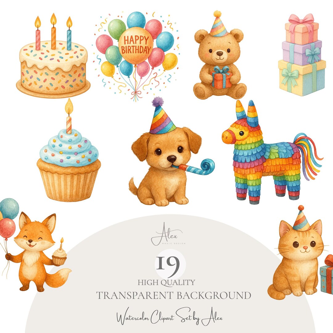 Birthday Clipart Bundle, Cute Party Animals, Cupcake, Cake and Balloon ...