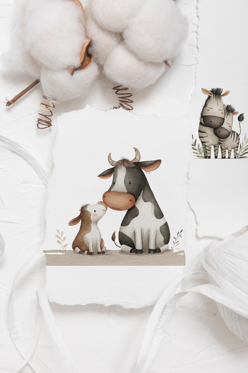Mom and Baby Animal Clipart Set, 40 Cute Watercolor PNG, Wild Baby ...