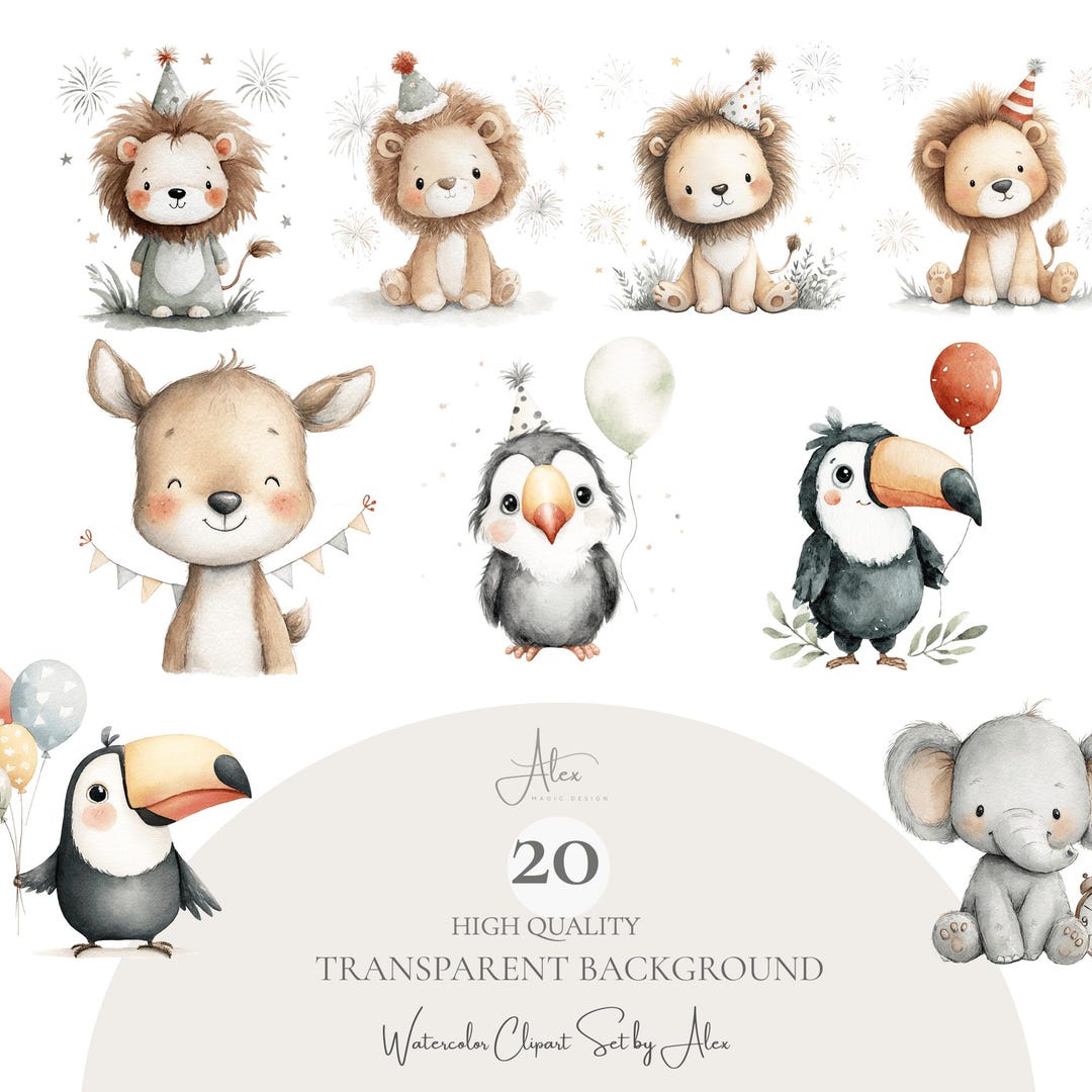 Safari Clipart Animals PNG Set, Cute Jungle Lions and Birds, Baby ...