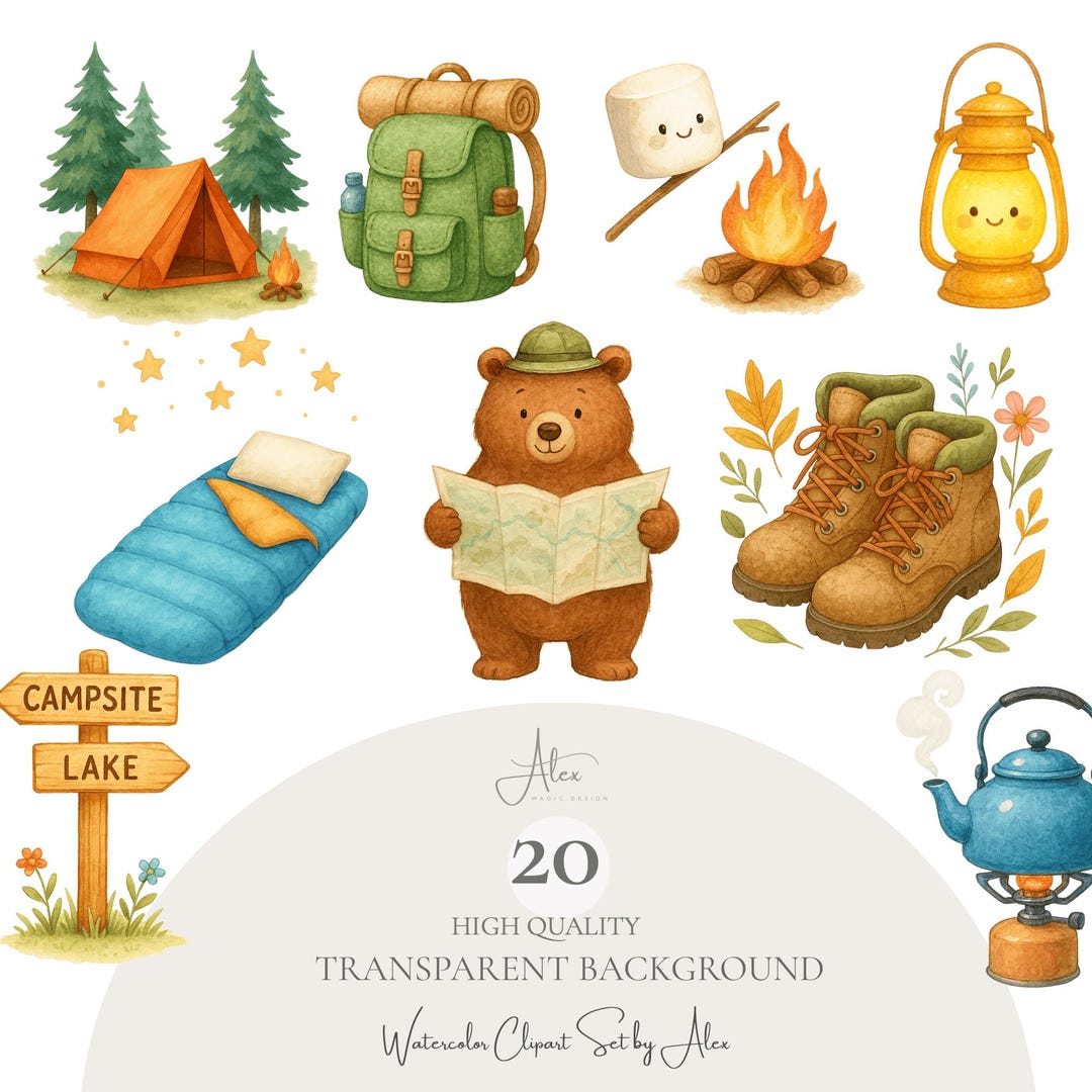 Camping Clipart Bundle, Cute Camping PNG Pack, Adventure Forest Tent ...