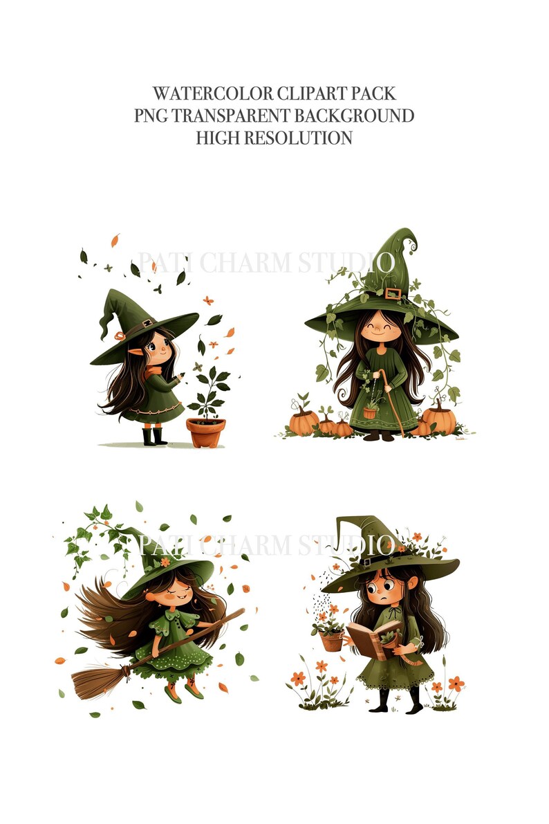 20 Little Green Witch Clipart PNG, Forest Herbal Wiccan Witch Clipart ...