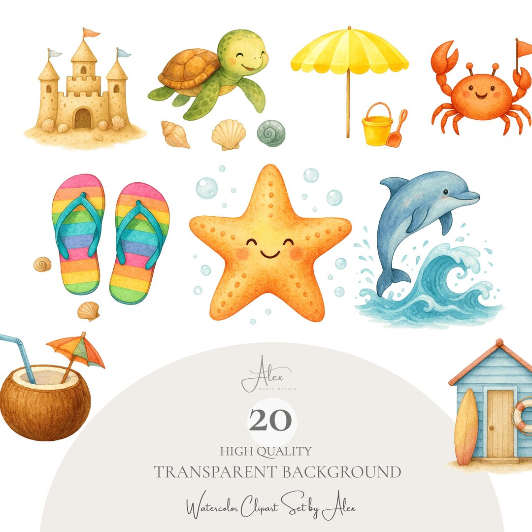 Beach Clipart Set, Summer Vacation PNG Bundle, Ocean Animals, Seashells ...