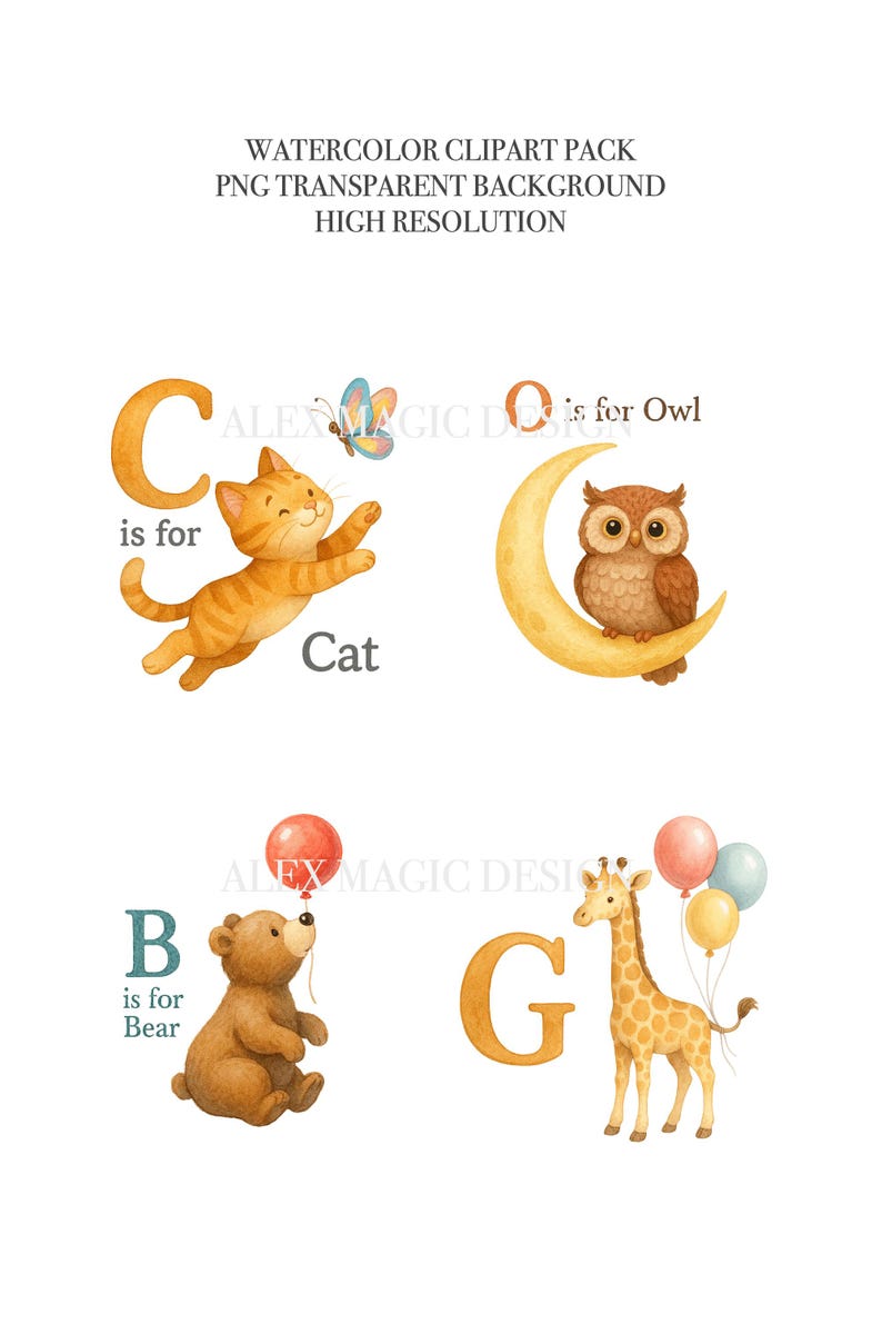Animal Alphabet Clipart PNG Set, Educational ABC Animal Letters ...