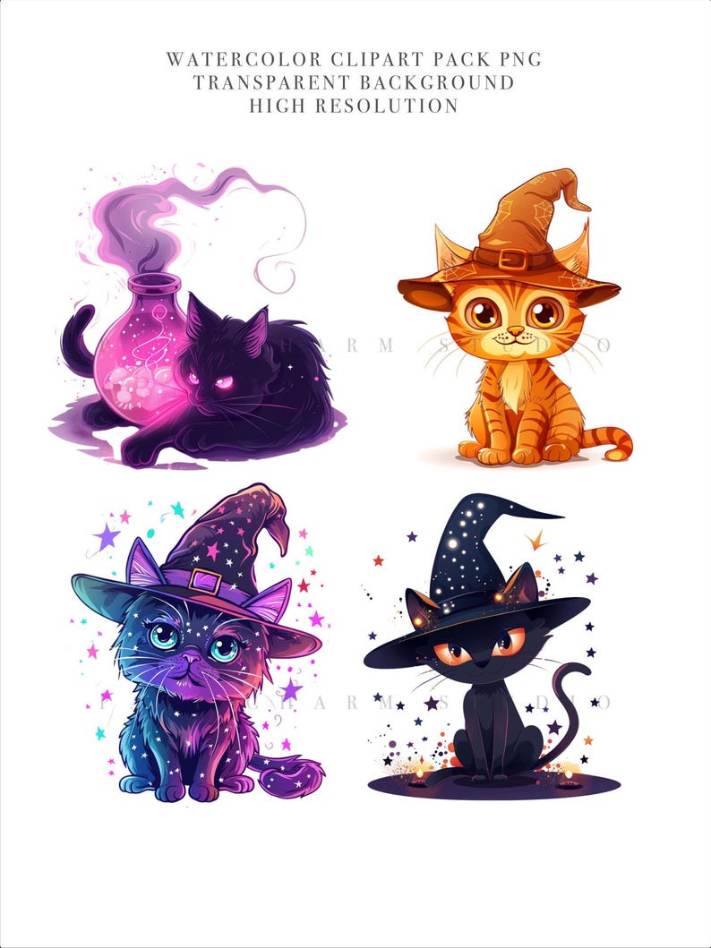 20 Halloween Witch Cat Clipart | Cute PNG Cats With Hats, Magic Potions ...