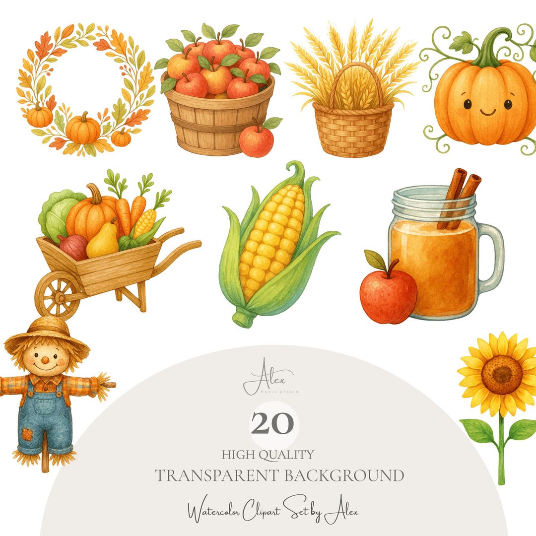 Harvest Clipart Set, Autumn Pumpkins, Apples, Corn, Wheat, Scarecrow ...