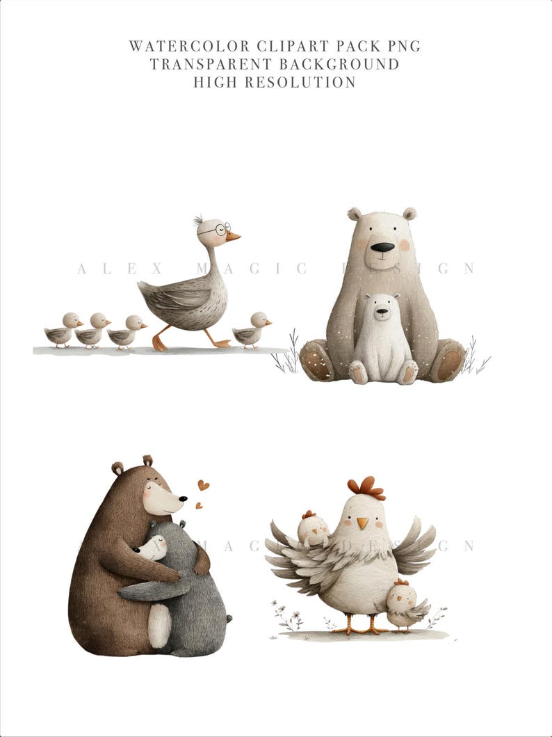 Mom and Baby Animal Clipart Set, 40 Cute Watercolor PNG, Wild Baby ...