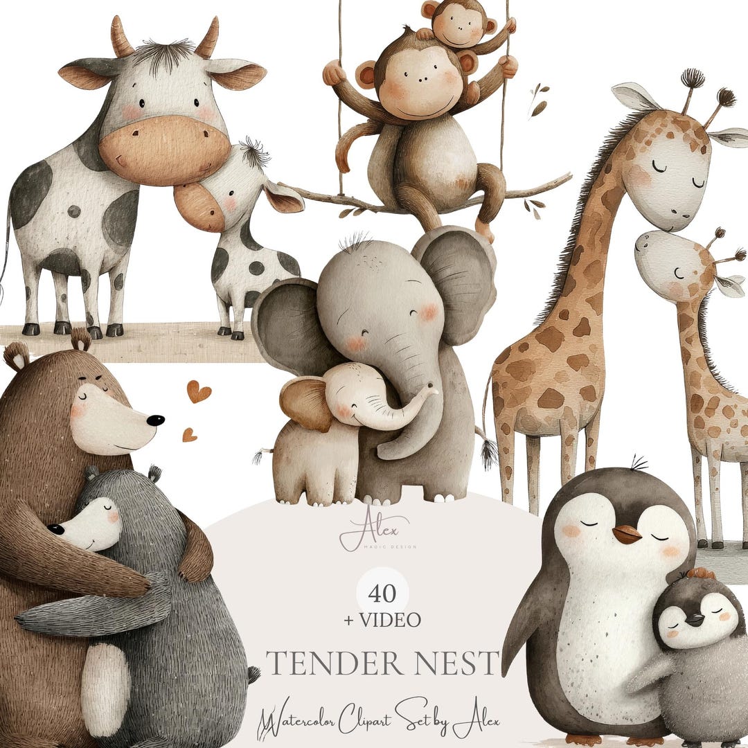 Mom and Baby Animal Clipart Set, 40 Cute Watercolor PNG, Wild Baby ...