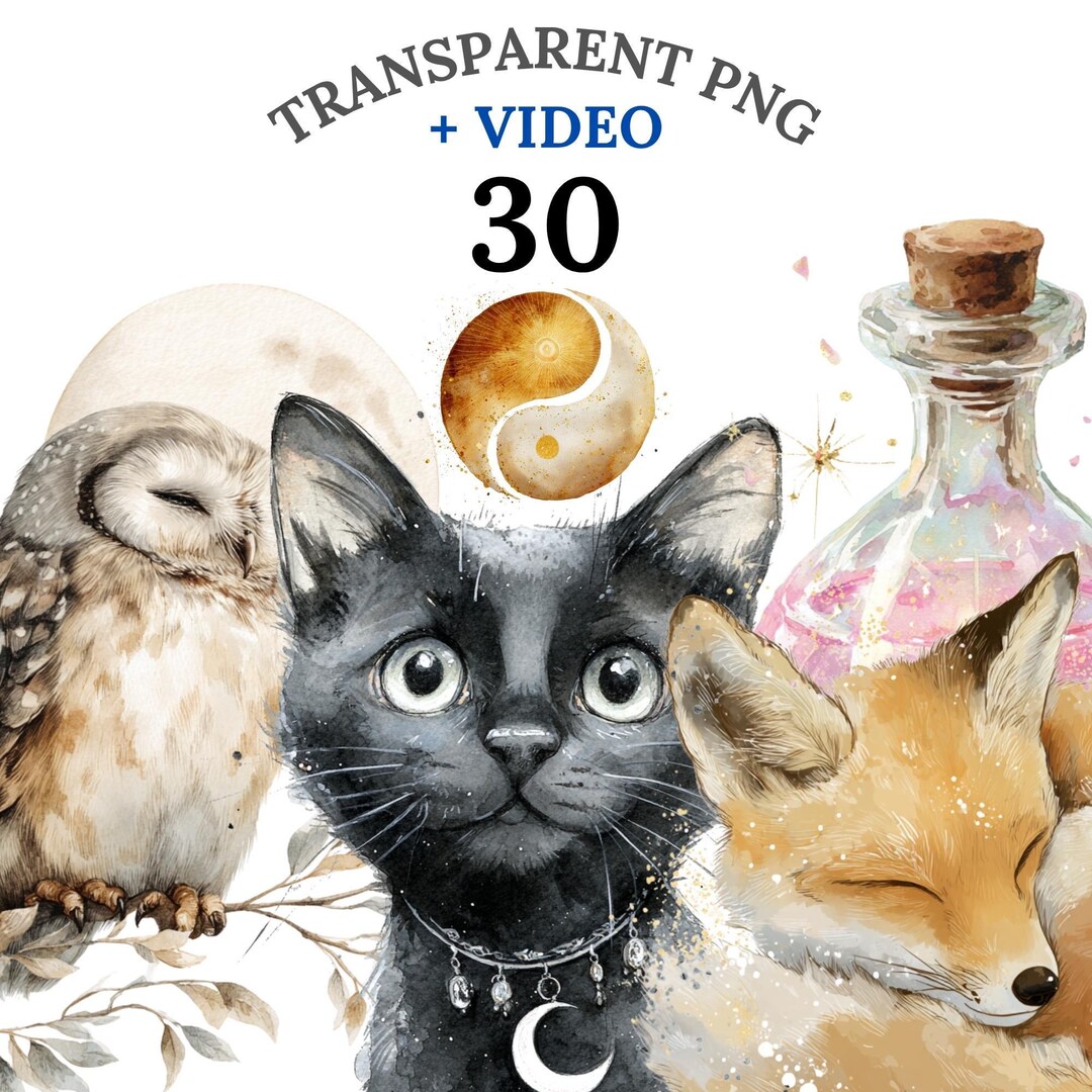 30 Watercolor Wiccan Clipart PNG, Mystical Witchy Animals, Potions ...