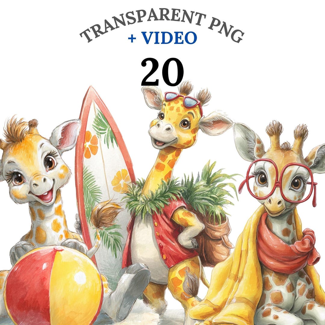 20 Summer Giraffe Clipart Set, Cute Safari Animal PNG, Beach Giraffe ...