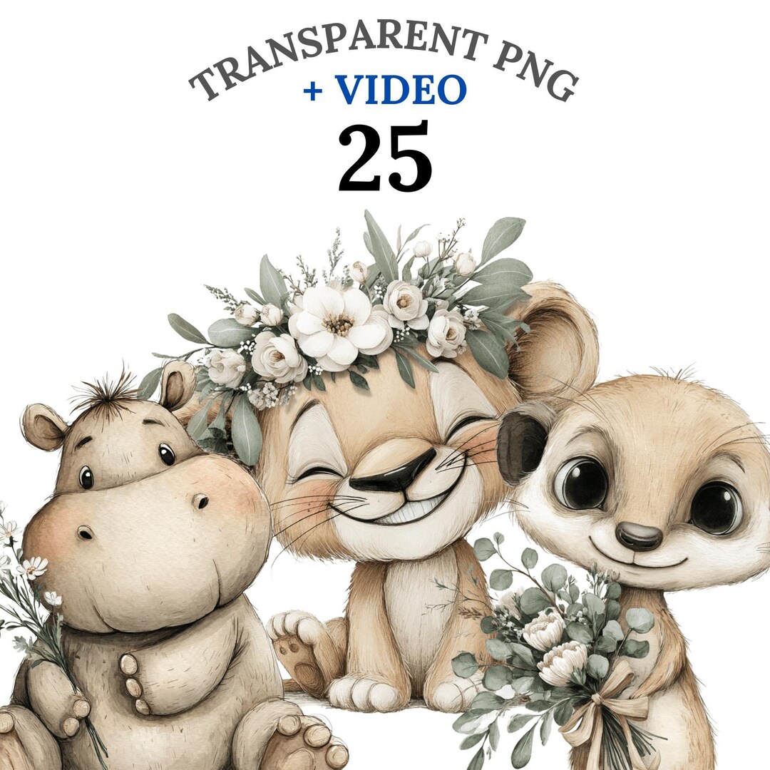 25 Safari Animals Clipart PNG, Baby Safari Jungle Bundle With Video ...