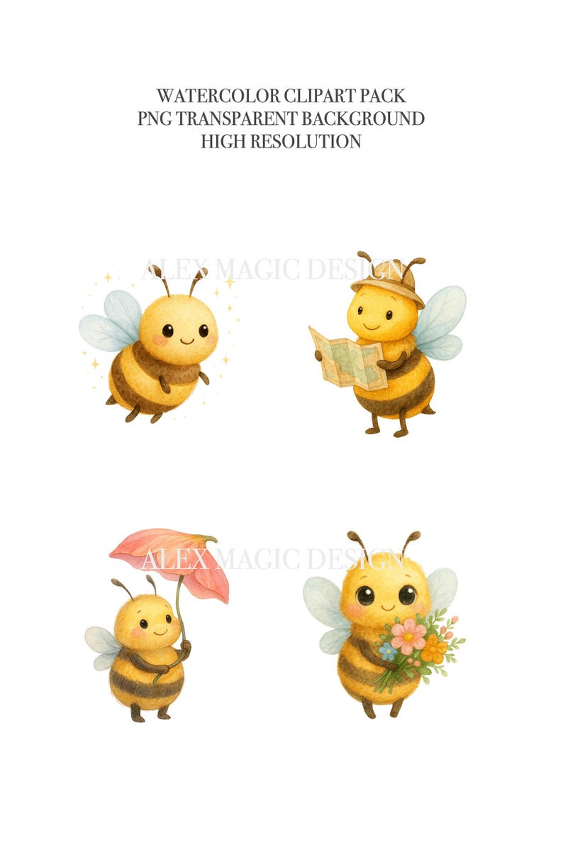Bees Clipart Set, Cute Bumblebee PNG Bundle, Honey Bee Clipart ...