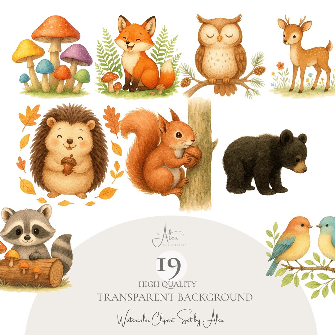 Forest Clipart Set, Woodland Animals, Autumn Mushrooms, Fox, Owl ...