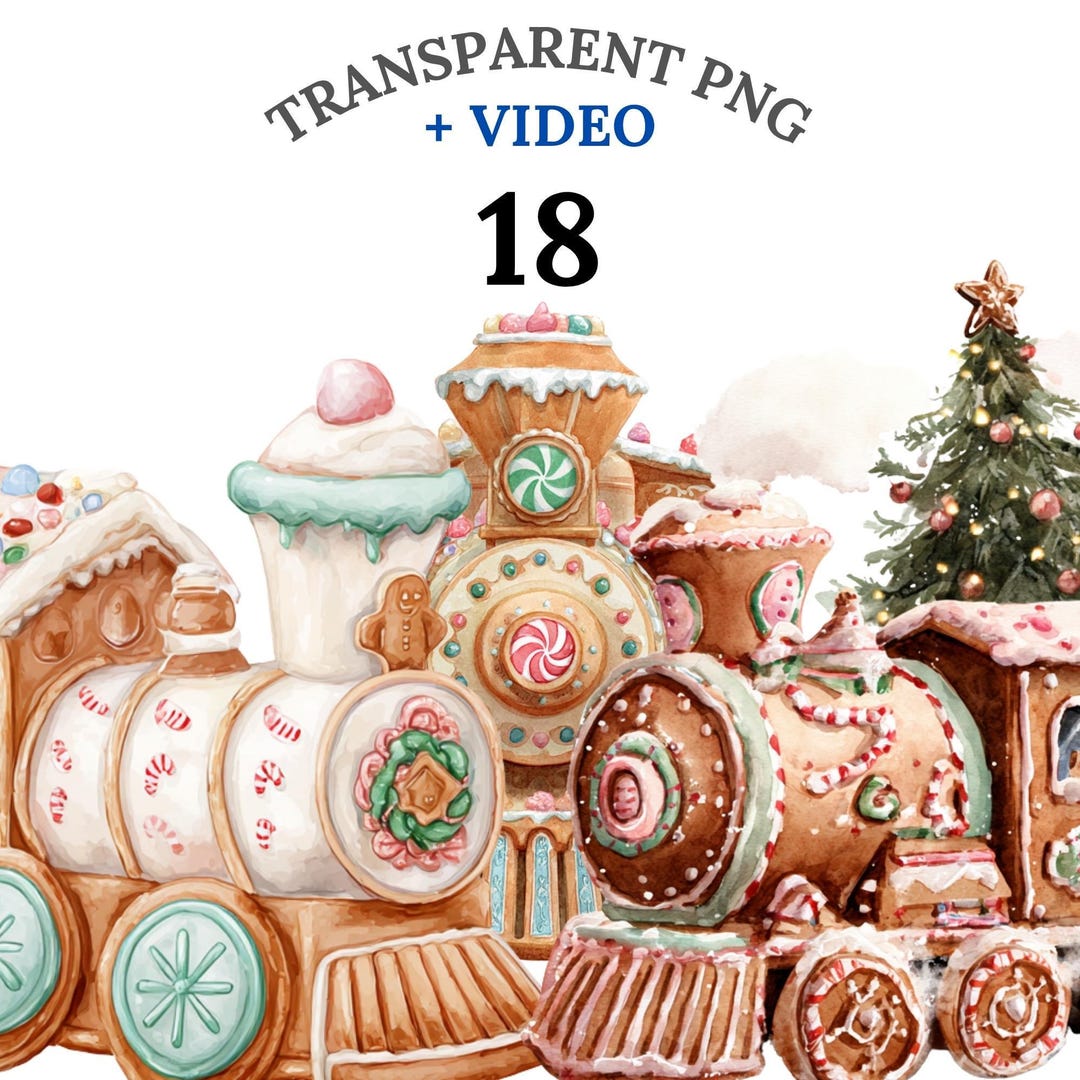 18 Watercolor Gingerbread Trains Clipart Set, Christmas Train PNG, Cute ...