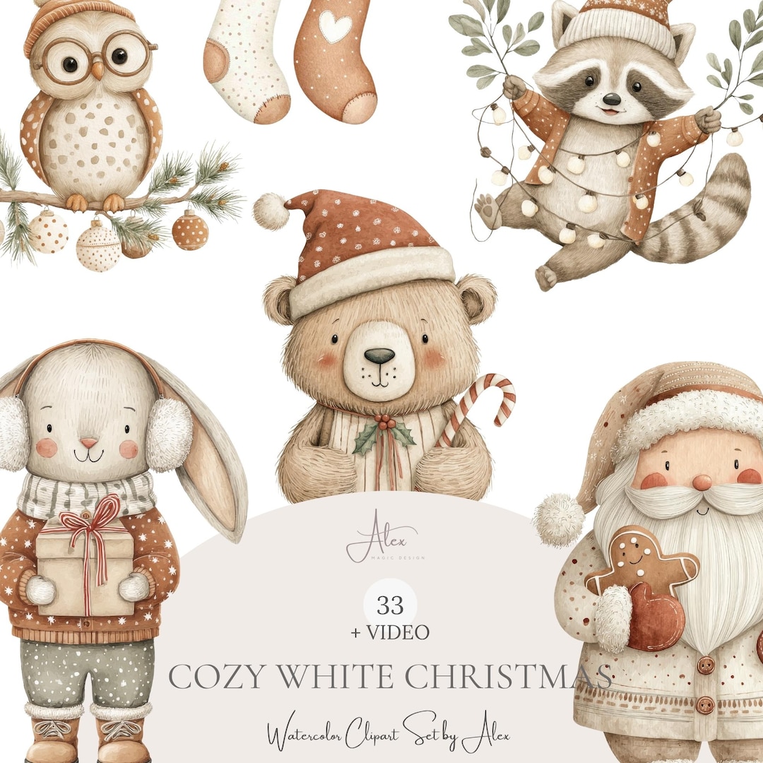 Cozy White Christmas Clipart Set, Pastel Holiday PNG, Cute Santa Bear ...