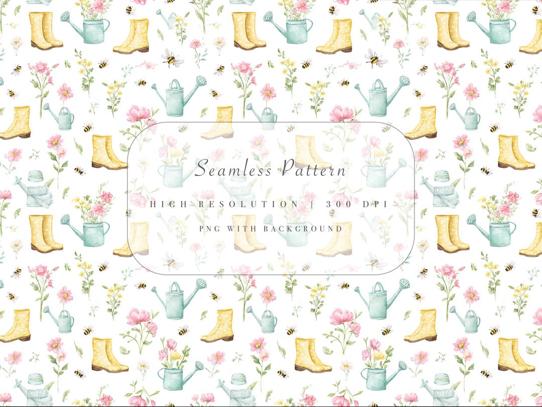 Spring Garden Seamless Pattern PNG • Watering Cans, Yellow Boots, Bees ...