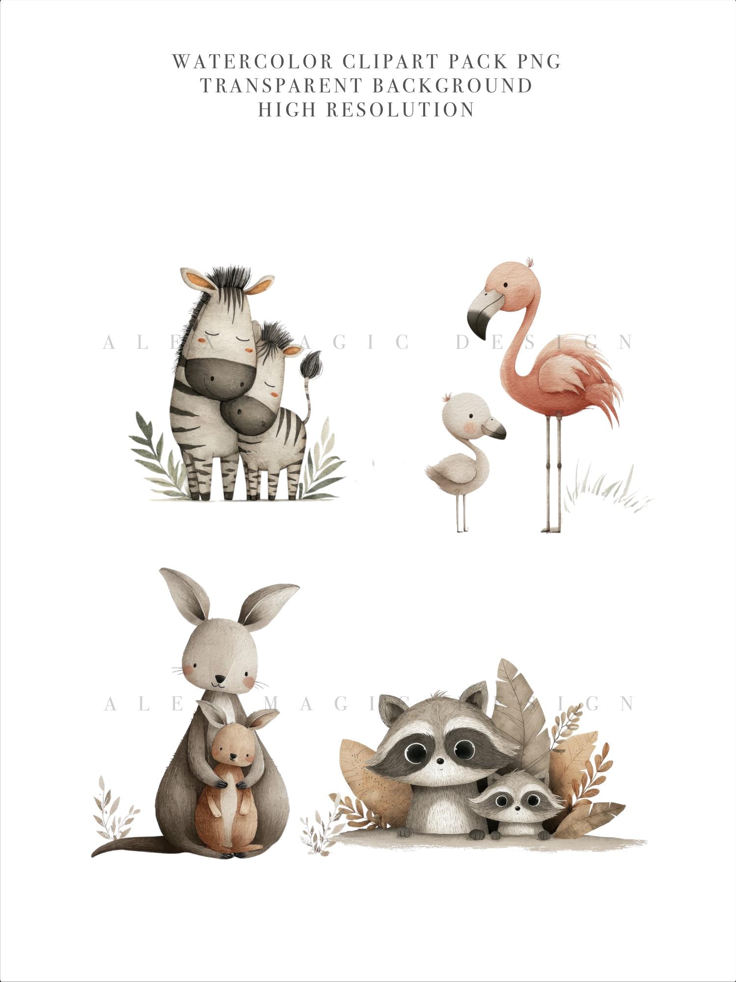 Mom and Baby Animal Clipart Set, 40 Cute Watercolor PNG, Wild Baby ...