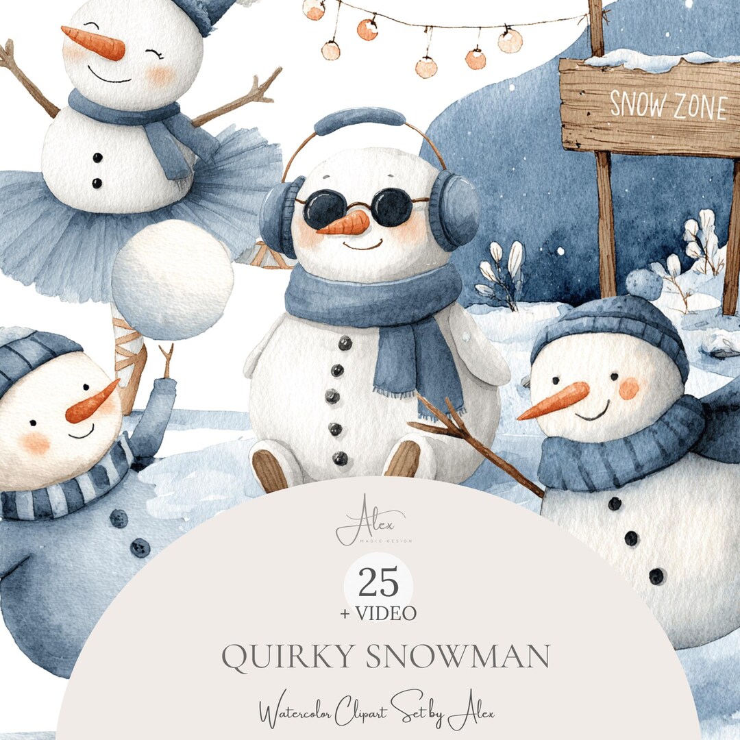 25 Snowman Clipart PNG + Video, Cute Watercolor Snowmen & Winter ...