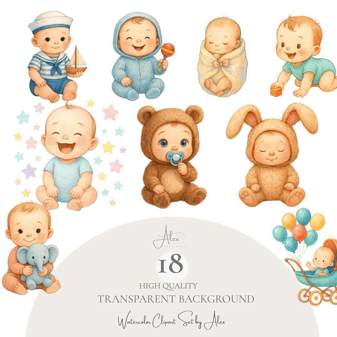 Baby Clipart Set, Cute Baby Boy Clipart PNG, Baby Shower Clipart ...