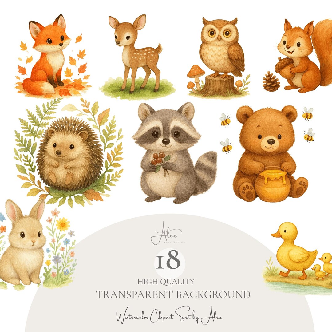 Woodland Clipart Set, Forest Animals PNG, Raccoon, Fox, Deer, Squirrel ...