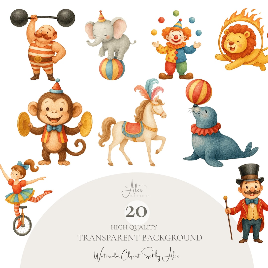 Circus Clipart Set, Cute Circus Animals PNG, Vintage Carnival Clipart ...