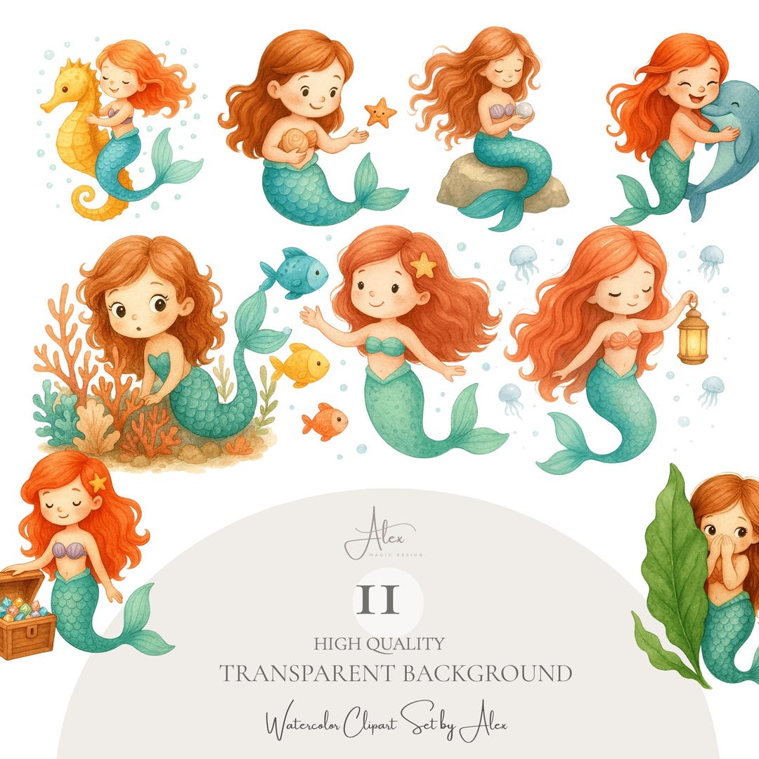 Mermaid Clipart Set, Cute Mermaid Clipart, Ocean Sea Life PNG, Fast ...