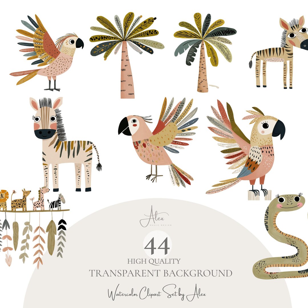 Safari Clipart Bundle, Cute Jungle Animals PNG, Boho Safari Birds and ...