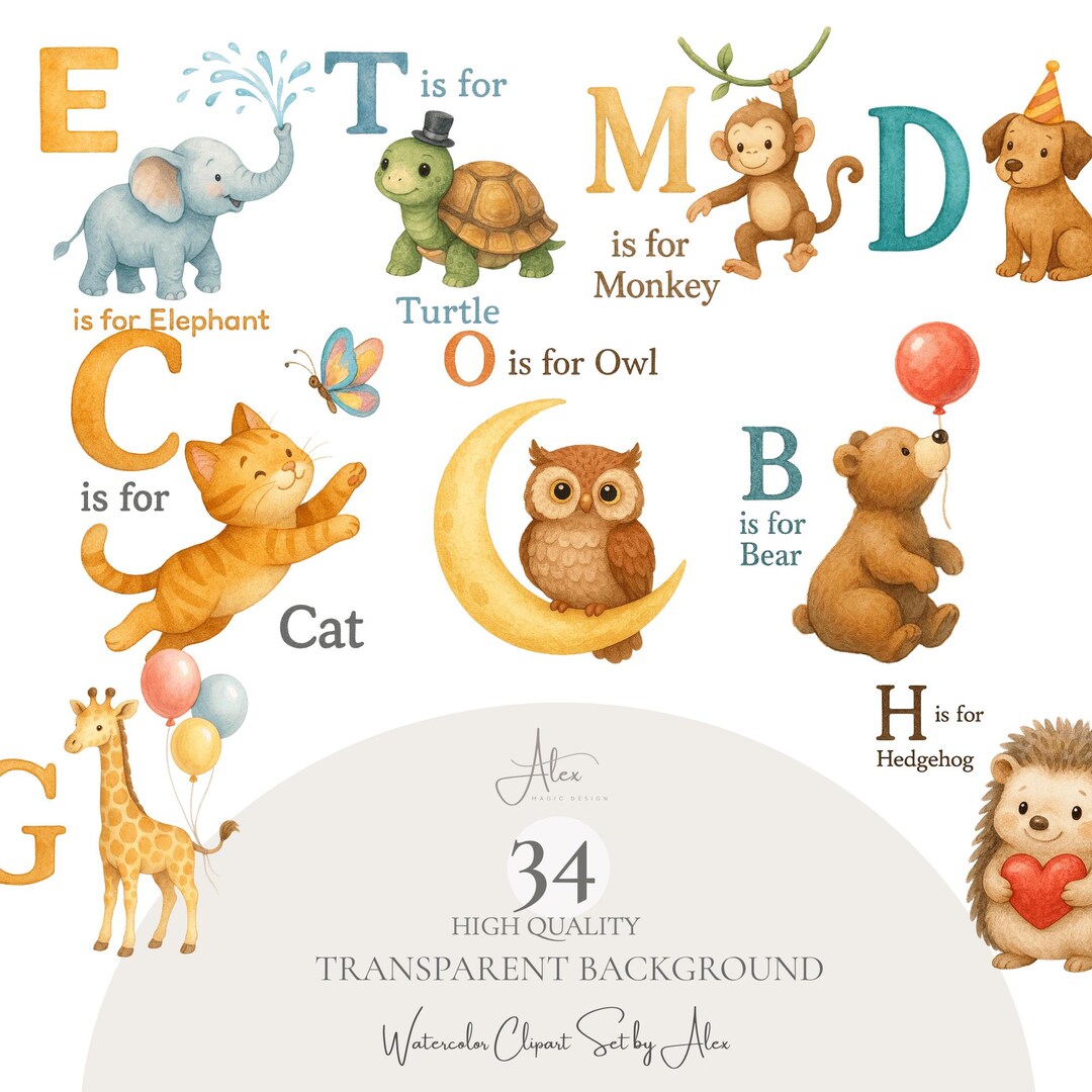 Animal Alphabet Clipart PNG Set, Educational ABC Animal Letters ...