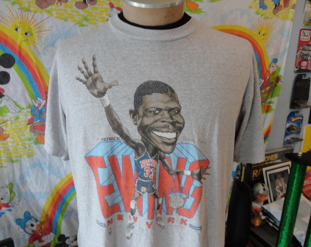 Vintage 80s Patrick Ewing New York Knicks Caricature Cartoon NBA Basketball Tee Gray T Shirt ...