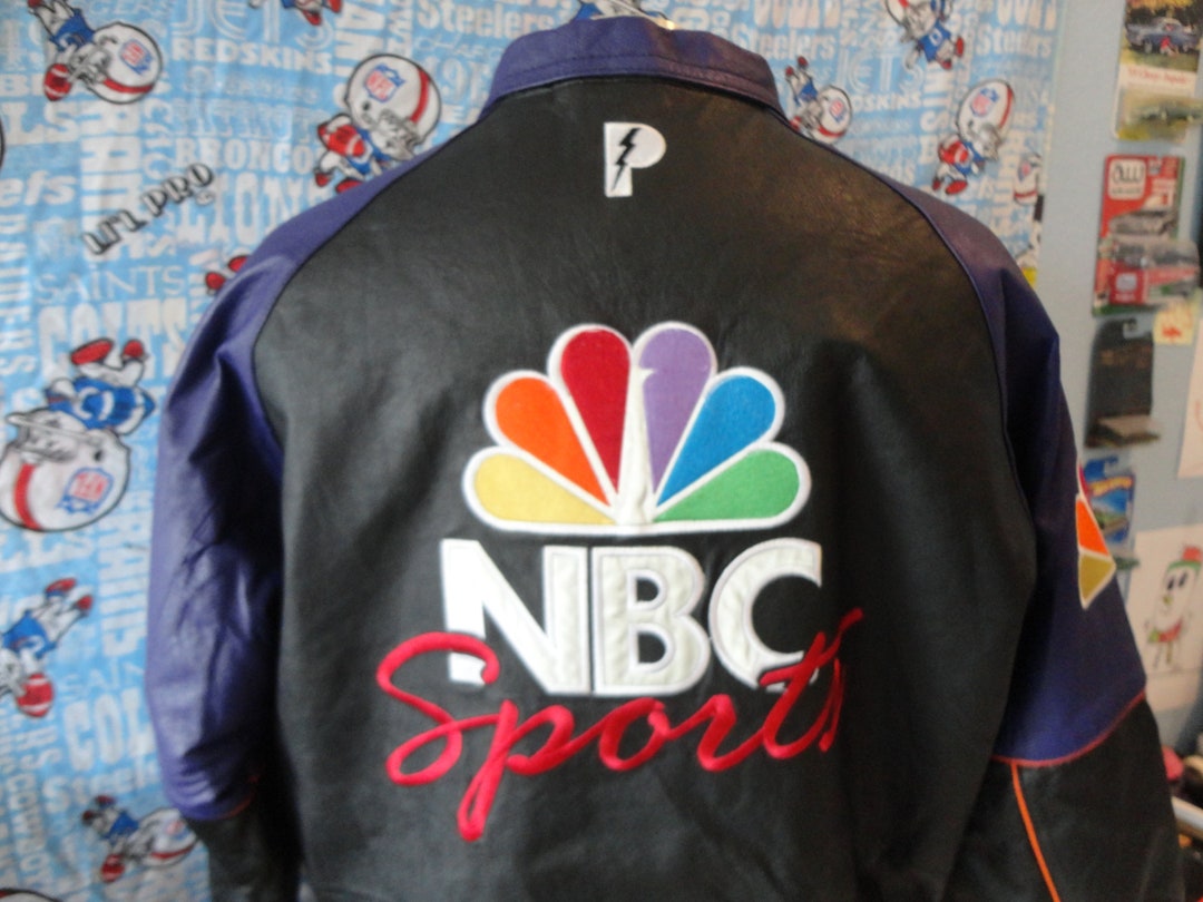 Vintage NBC Sports Heavy Leather Jacket 90s Pro Player Hip Hop Peacock ...