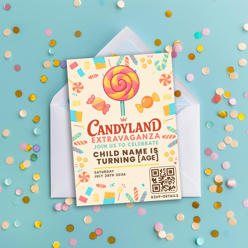 Candyland Invitation - Kids Birthday Canva Template - Pastel Lollipop ...