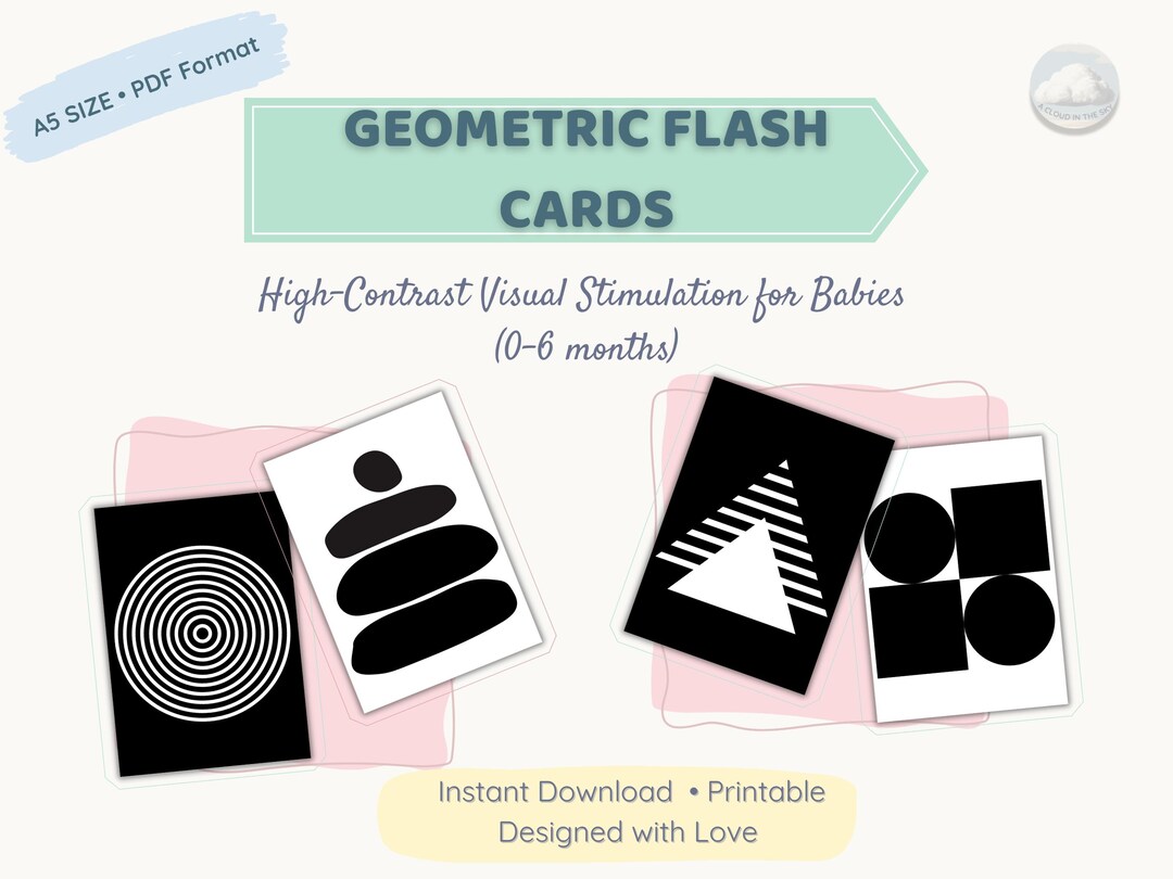 A5 Geometric Shapes Flashcards,high Contrast Black White Baby Visual ...