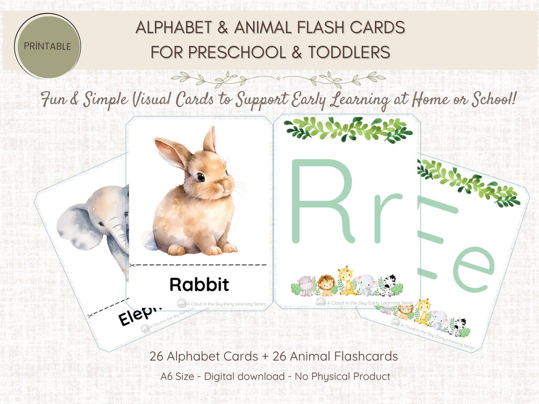 Animal Alphabet Flashcards: A-Z Printable Cards (A6 PNG Digital ...