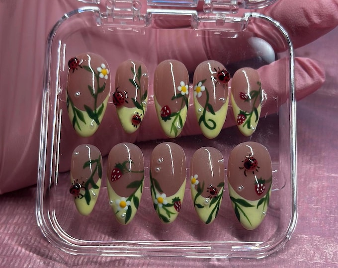 3D Ladybug & Strawberry Press on Nails: Hand-painted Gel Manicure - Etsy
