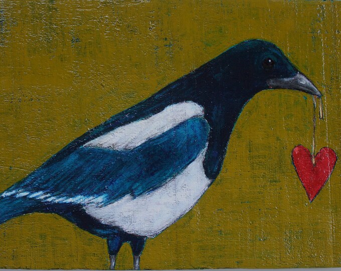 Magpie With Heart on a String Painting Original A2n2koon Textured Wall ...
