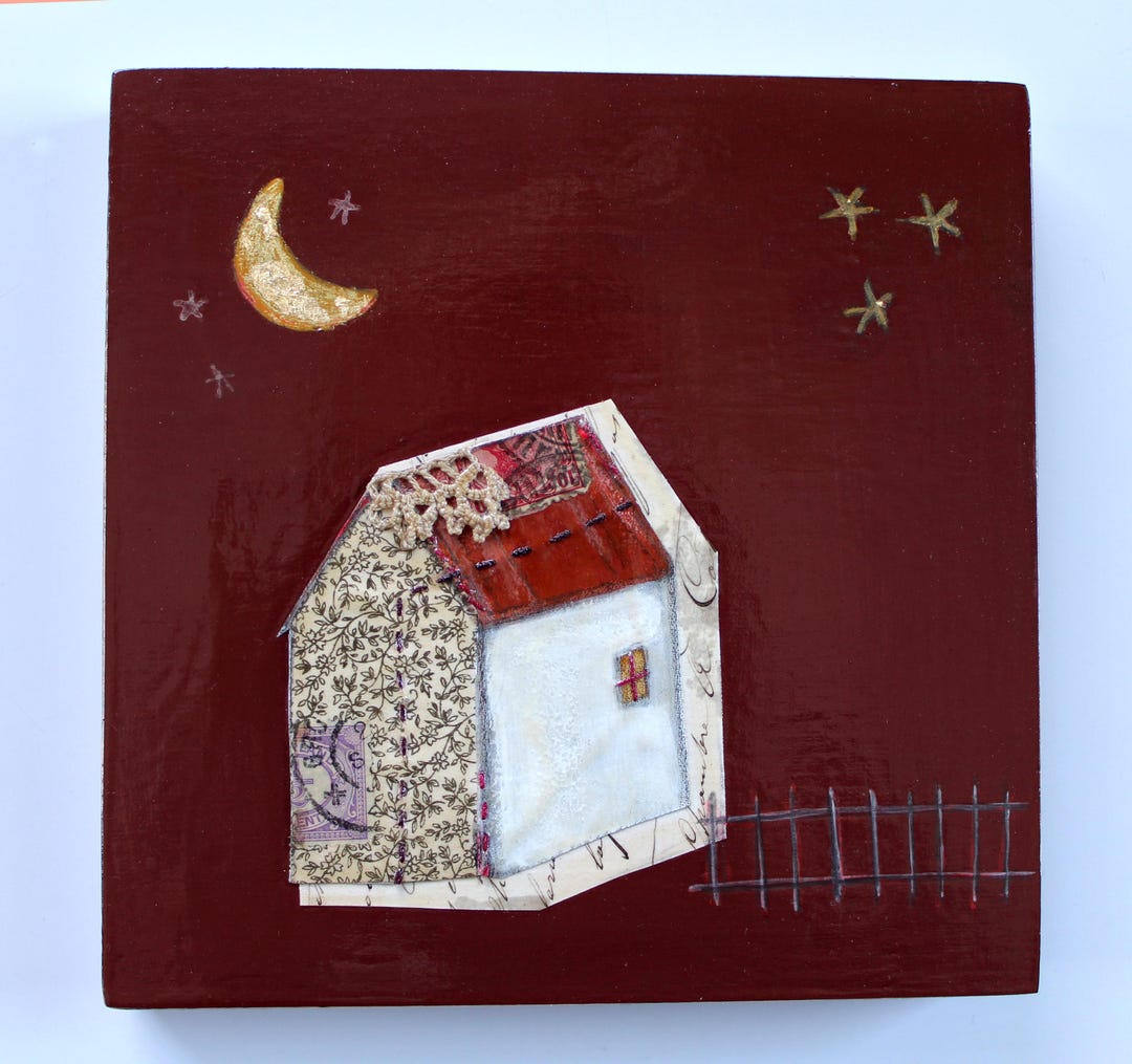Little Home Night Sky Stars Moon Original A2n2koon 6x6" Painting on ...