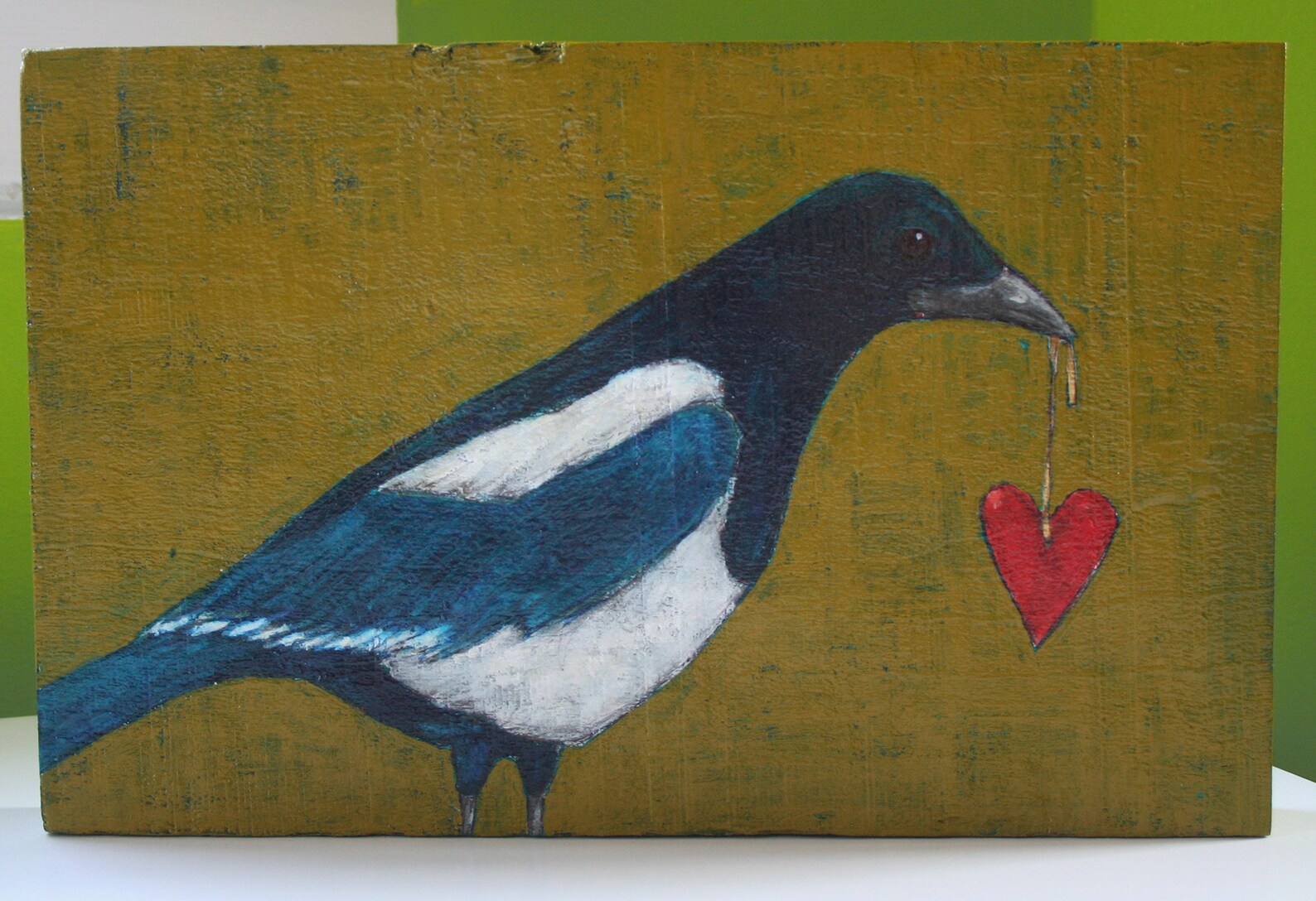 Magpie with heart on a string painting original a2n2koon | Etsy