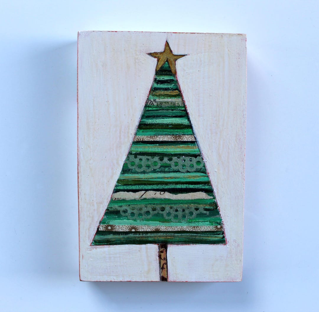 Evergreen Tree With Gold Star Painting Original A2n2koon Mixed Media ...