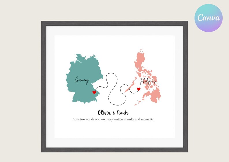 Long Distance Relationship Map Gift: Personalized Couple Art (digital ...