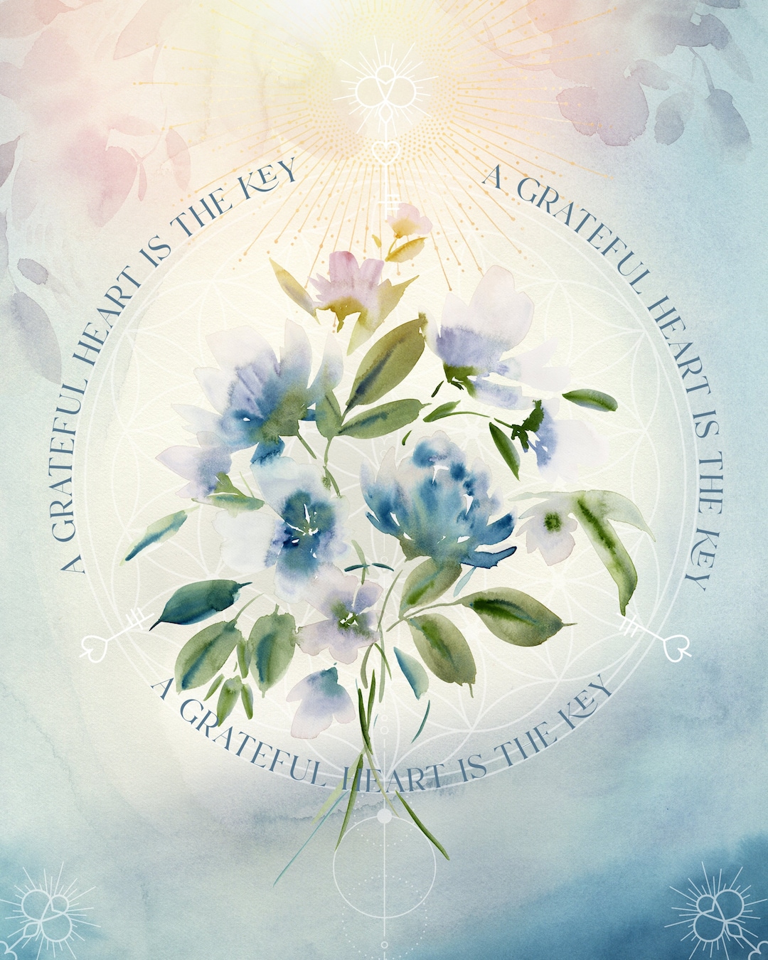 A Grateful Heart is the Key | Watercolor Flower Art Print | Blue Floral ...