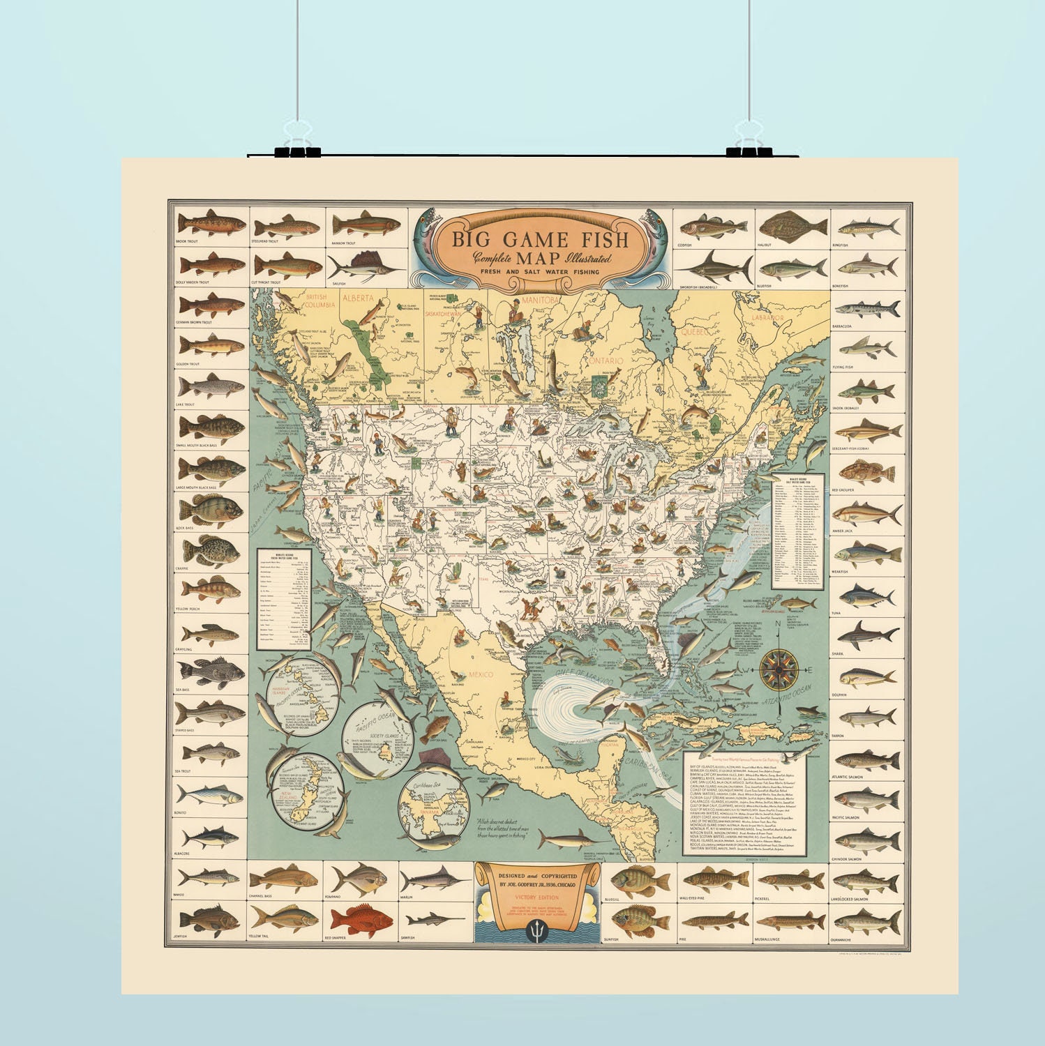 Big Game Fish - Map - Vintage Map - Poster - Print - Vintage - Lake ...
