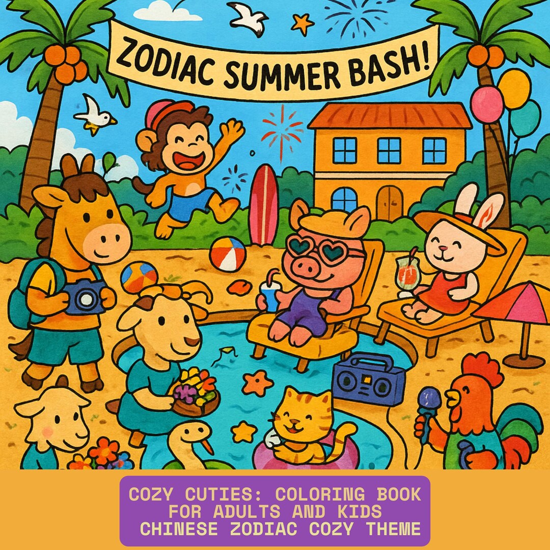 Chinese Zodiac Beach Coloring Pages: Summer Animal Clipart (digital ...