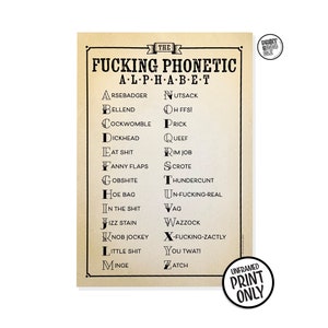 Fucking Phonetic Alphabet A4 Print, Swear Words Poster, Obscene Wall ...